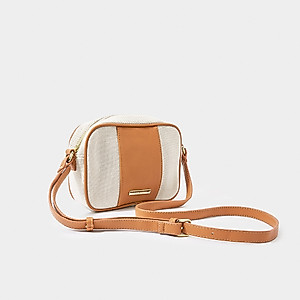 KATIE LOXTON Amalfi Womens Medium Canvas and Vegan Leather Adjustable Strap Crossbody Handbag Purse Cream and Brown