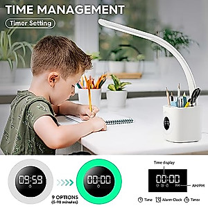 Hokone Desk Lamps for Home Office, LED Desk Lamp with Pen Holder, 10W Study Lamp with USB Adapter, Gooseneck White Desk Lamp Dimmable, RGB Touch Night Light for Kids