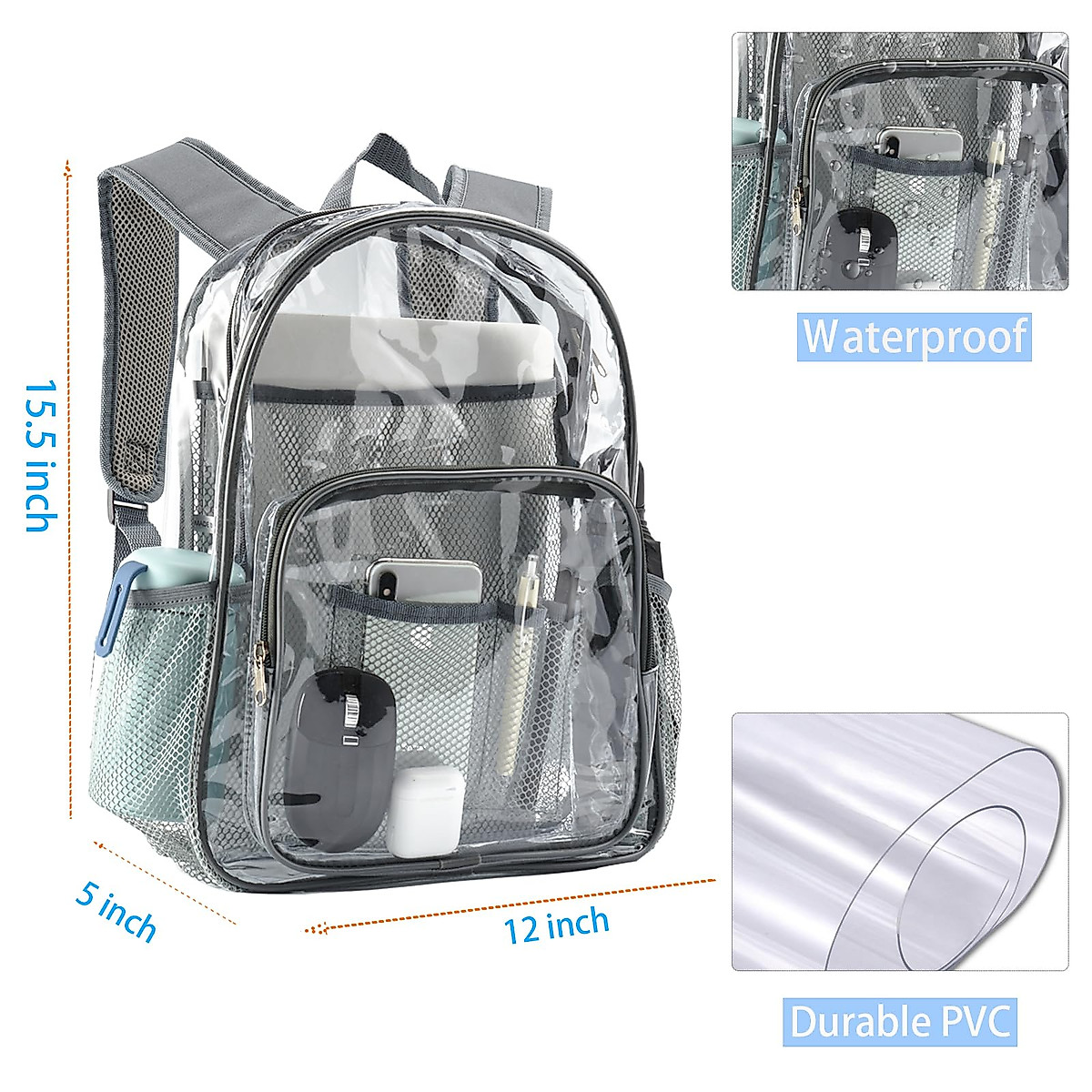 Clear Backpack Stadium Approved for Women Men Heavy Duty See Through Transparent Pvc Backpacks for School Work Travel,Grey