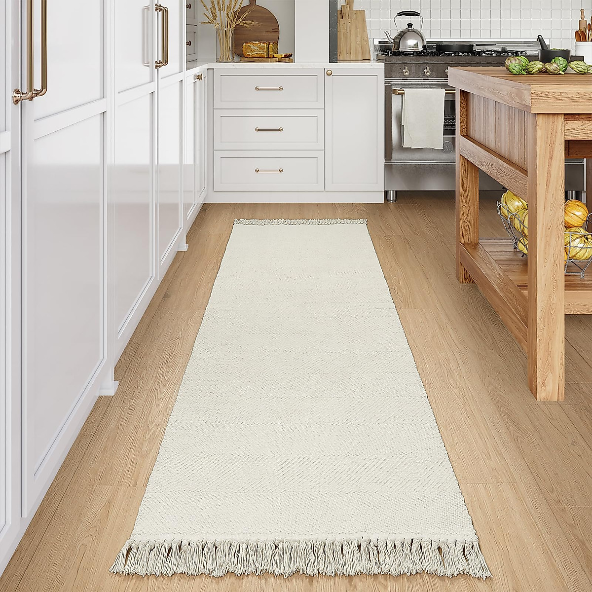 Collive Long Hallway Runner Rug 2.6' x 8', Washable Runner Indoor Entryway Rug, White/Beige Braided Woven Kitchen Runner Rugs Low-Profile Front Door Floor Carpet for Laundry Room Bedroom Doorway