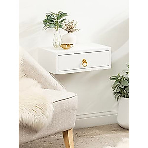 Kate and Laurel Decklyn Modern Glam Floating Side Table with Concealed Drawer for Additional Storage and Home Decor, 18x12x6, White/Gold