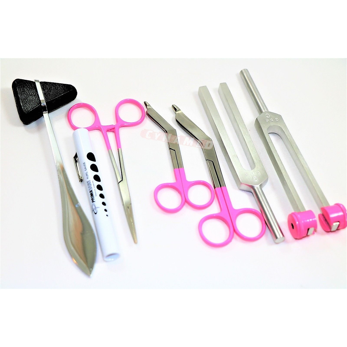 New Premium Set of 7 pcs Reflex Percussion Taylor Hammer Penlight Tuning Fork C 256 C 512 Bandage Scissors 5.5 and 4.5 Inches Hemostat Forceps 5.5 Inches CYNAMED