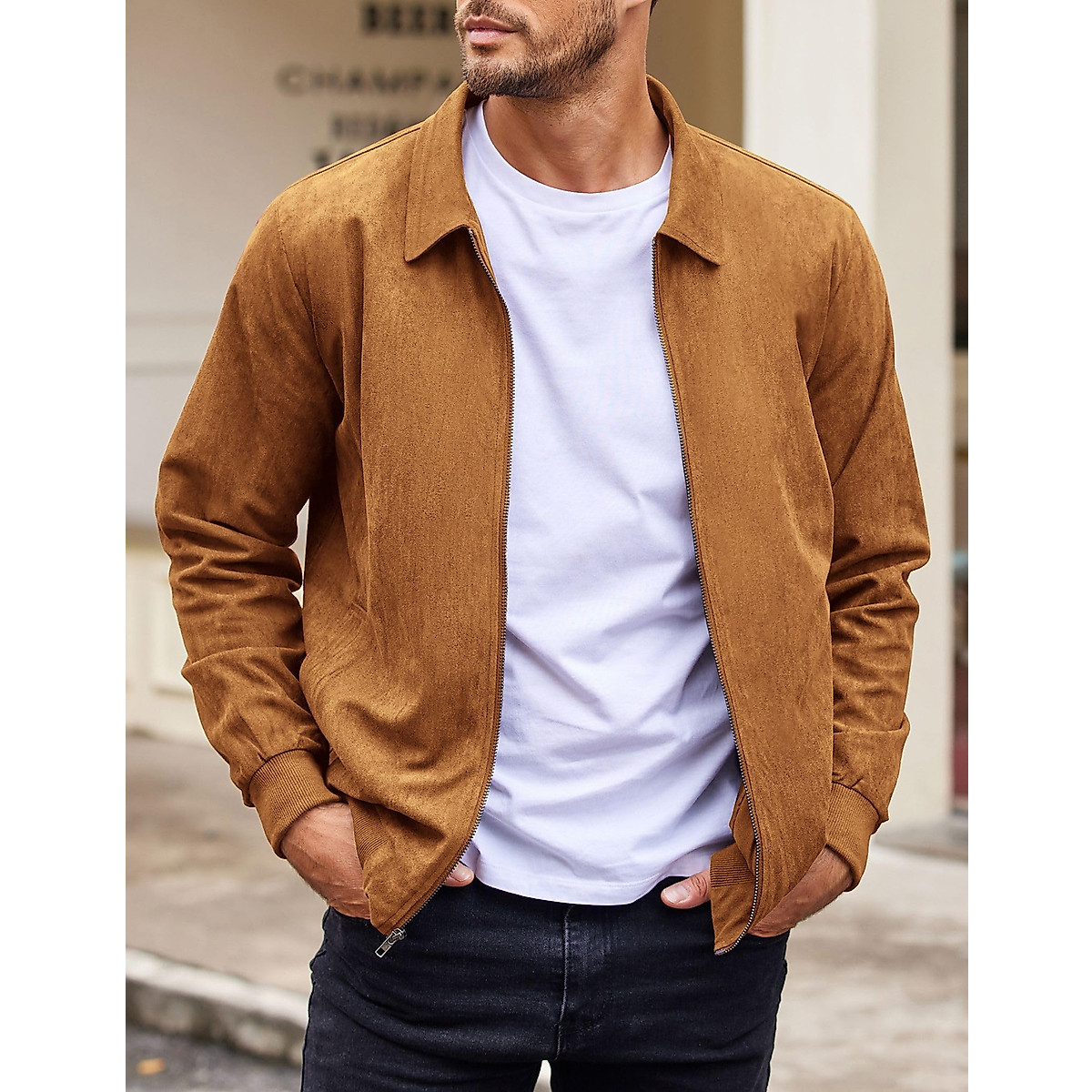 COOFANDY Men's Faux Suede Jacket Lightweight Softshell Flight Bomber Jacket