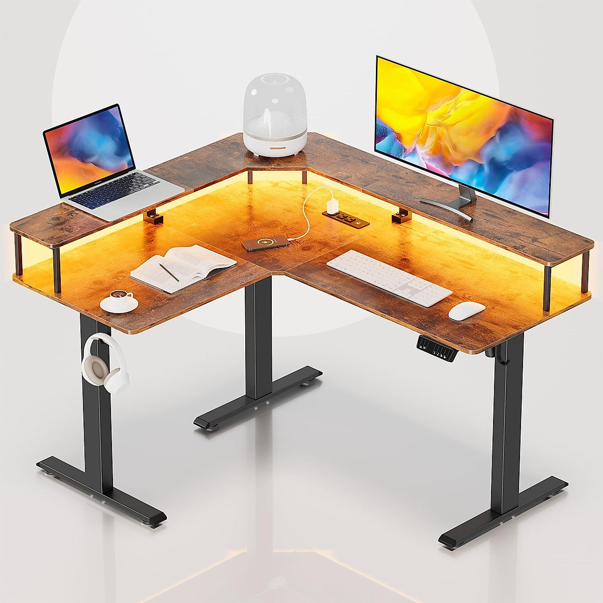 Mr IRONSTONE L Shaped Electric Standing Desk Height Adjustable Sit Stand Desk with LED Light and Power Outlet, 55" Computer Desk with Monitor Riser