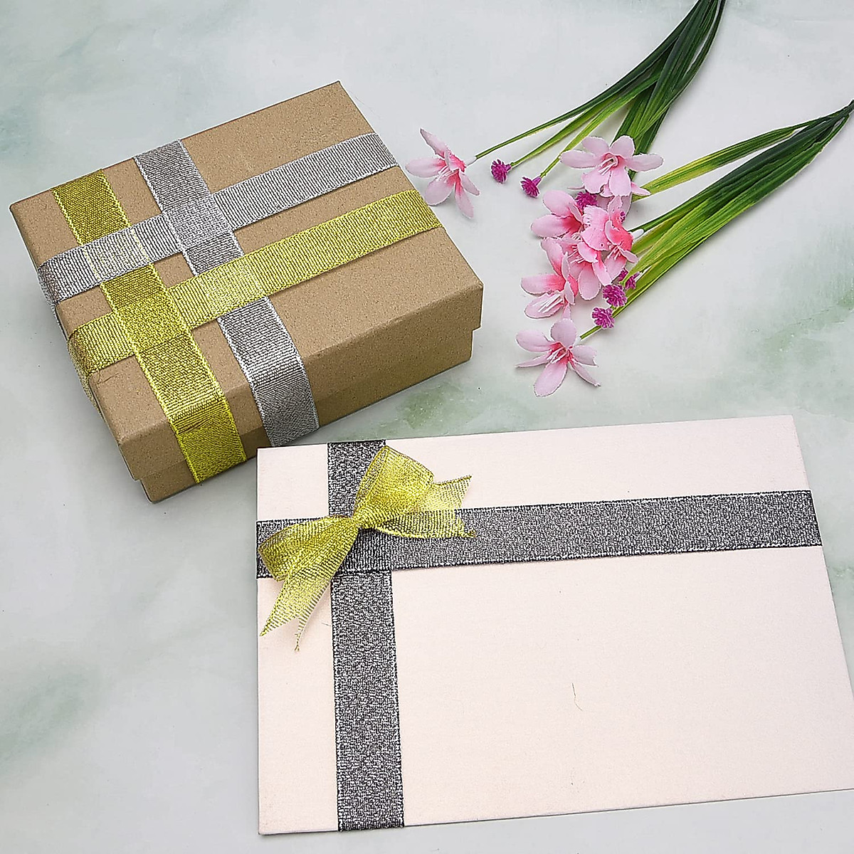 Livder 3 Rolls 75 Yards in Total Metallic Glitter Ribbon for Gift Wrapping Birthday Holiday Graduation Party Decoration (Golden, Silvery, Silver-Black)