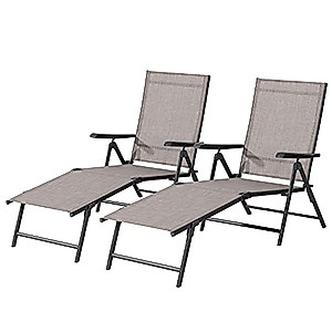 Meilocar Outdoor Lounge Chairs Set of 2, Lightweight Portable Folding Reclining Chaise Lounge Set Texilene Patio Chair Recliner with Adjustablef Backrest and Legs for Beach Yard and Poolside