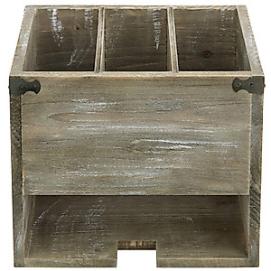 MyGift Rustic Brown Solid Wood Dining Utensil and Napkin Holder Storage Serving Caddy with 4 Compartments and Decorative Metal Handles