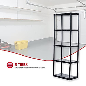 Home Basics 5 Tier Plastic Shelf, Black | Easy to Assemble | Solid Tier Shelves | Durable Resin Material