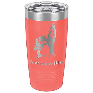 LaserGram 20oz Vacuum Insulated Tumbler Mug, Howling Wolf, Personalized Engraving Included (Coral)