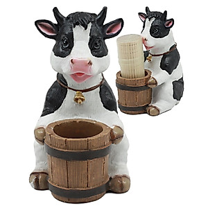 Ebros Country Farm Bovine Cow With Bell Collar Holding A Wooden Barrel Decorative Toothpick Holder Statue With Toothpicks 4"Tall Starter Kit Cattle Animal Figurine Collectible Kitchen Decor
