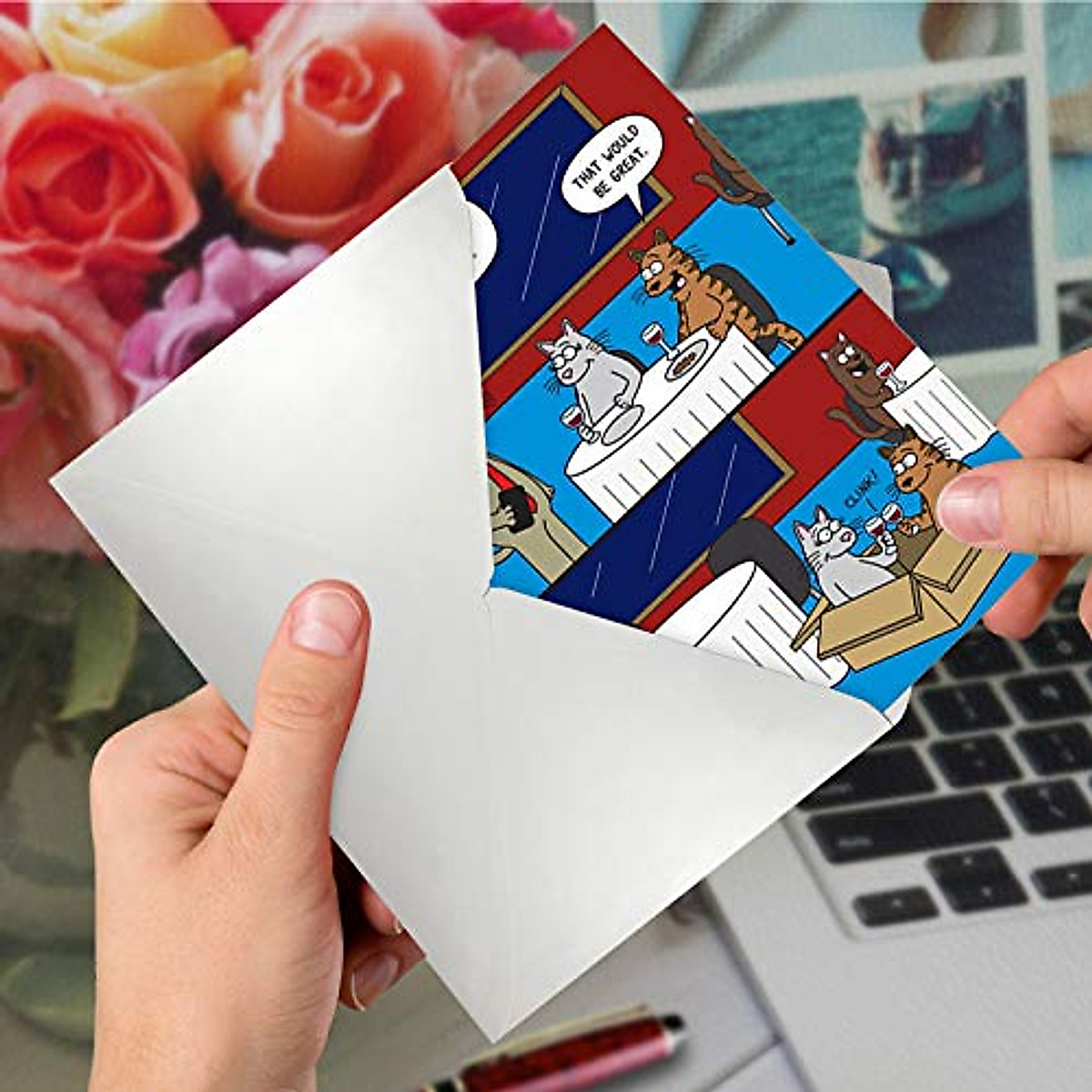 NobleWorks - Funny Anniversary Card with Envelope - Cartoon Marriage Humor, Spouse Notecard for Anniversary - Cat Box C7005ANG