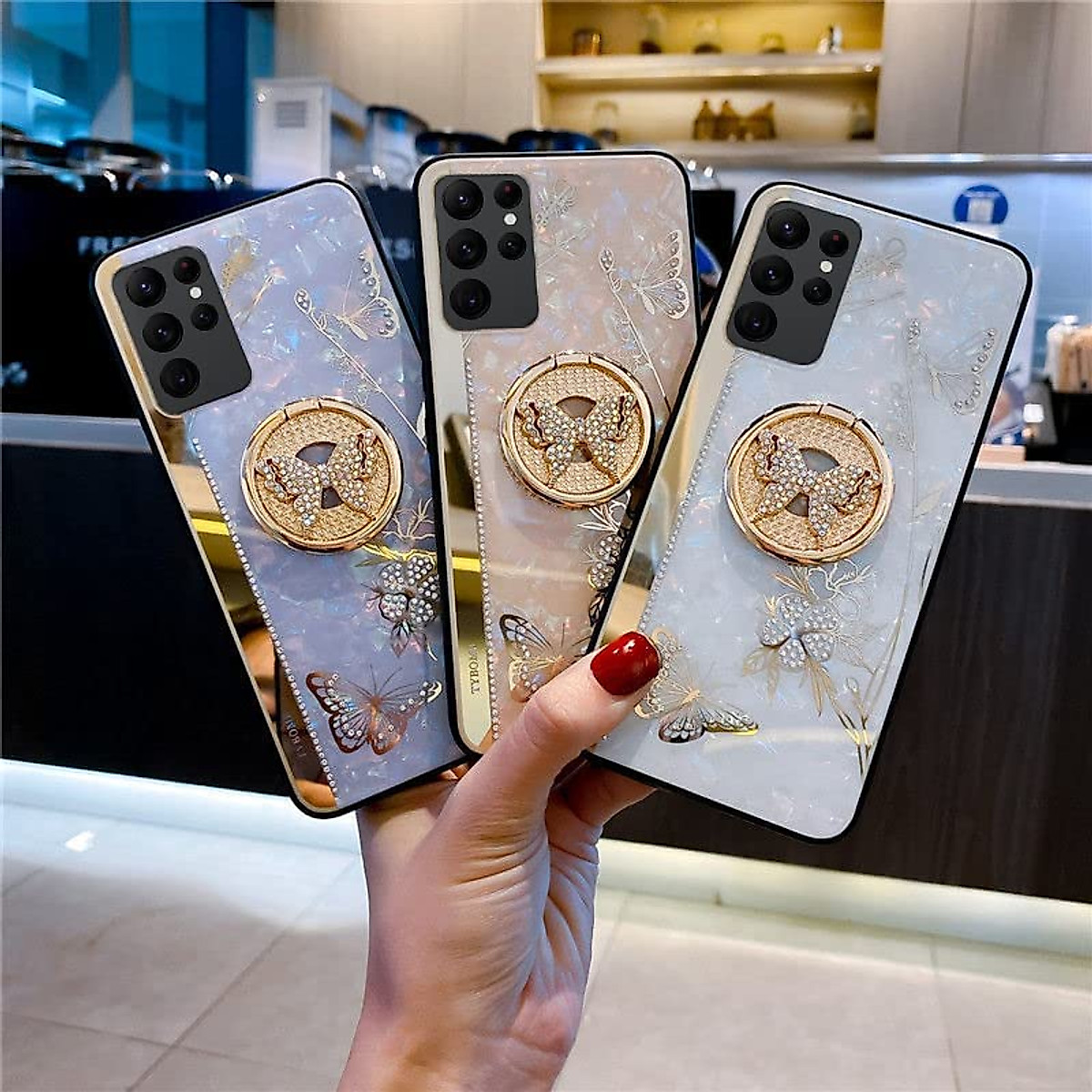 Topwin Galaxy A13 5G Kickstand Case, Cute Marble Conch Shell Floral Butterfly with Ring Stand Mirror Elegant Shockproof Protective Cover for Girls Women for Samsung A13 5G (Rose Gold)