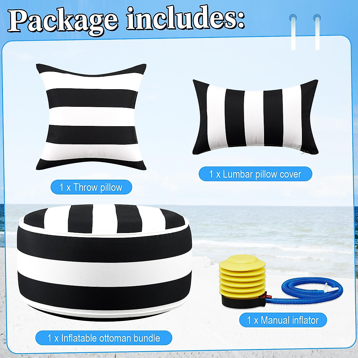 Anglechic 3 Pcs Indoor Outdoor Inflatable Ottoman Lumbar Toss Pillows Inflatable Footrest Footstool 21''x 9'' Waterproof Pouf Portable for Patio Garden Camping or Home