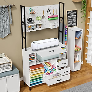 PAKASEPT Craft Organizers and Storage Cabinet Compatible with Cricut Machines, Cricut Accessories Craft Table with Power Outlet, Pegboard, Vinyl Holders for Craft Room Home Furniture