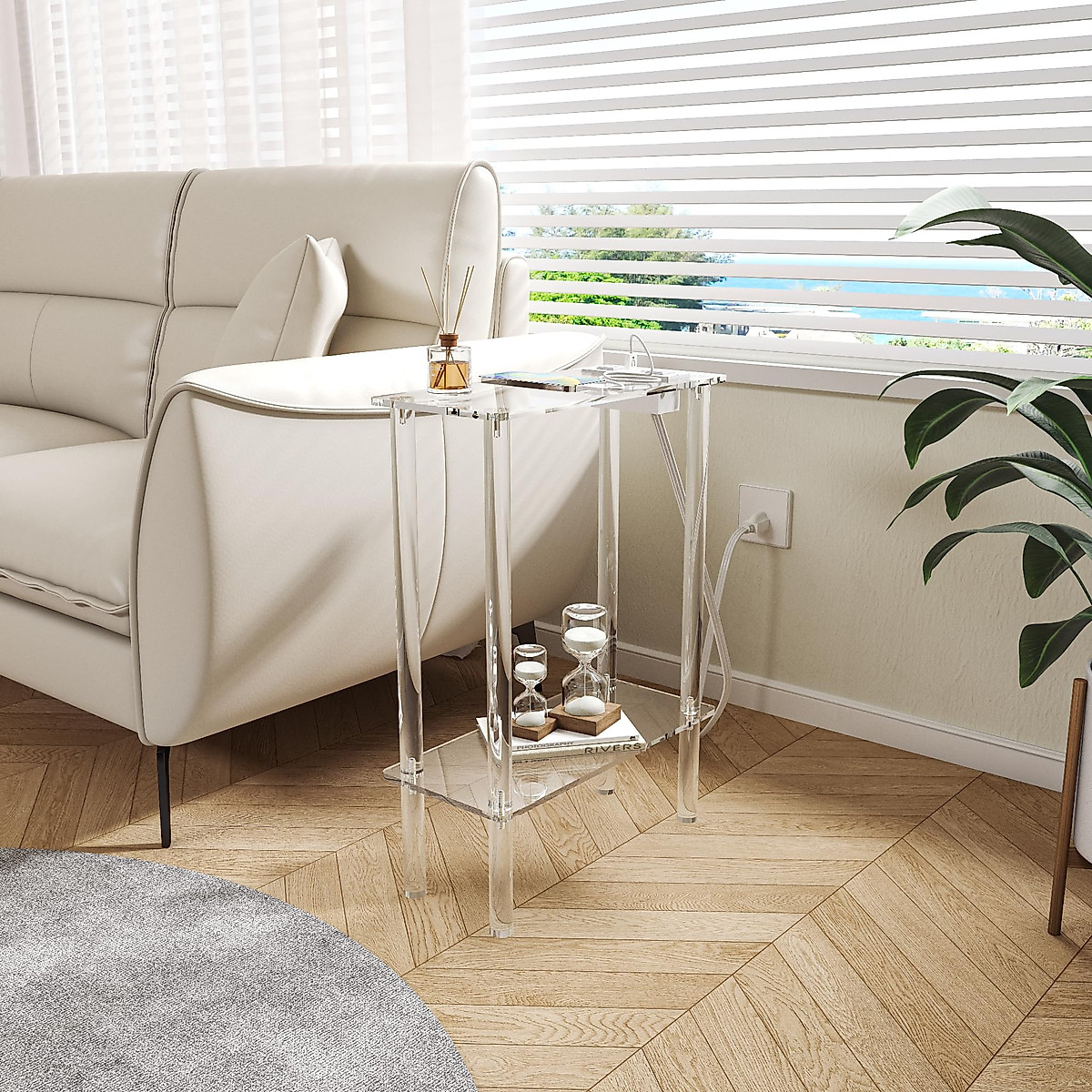 HMYHUM Acrylic Narrow Side Table with Charging Station, 7" Width, 2 Tier Small End Table for Small Spaces, Skinny Nightstand/Bedside Table with USB Ports & Outlet, Clear
