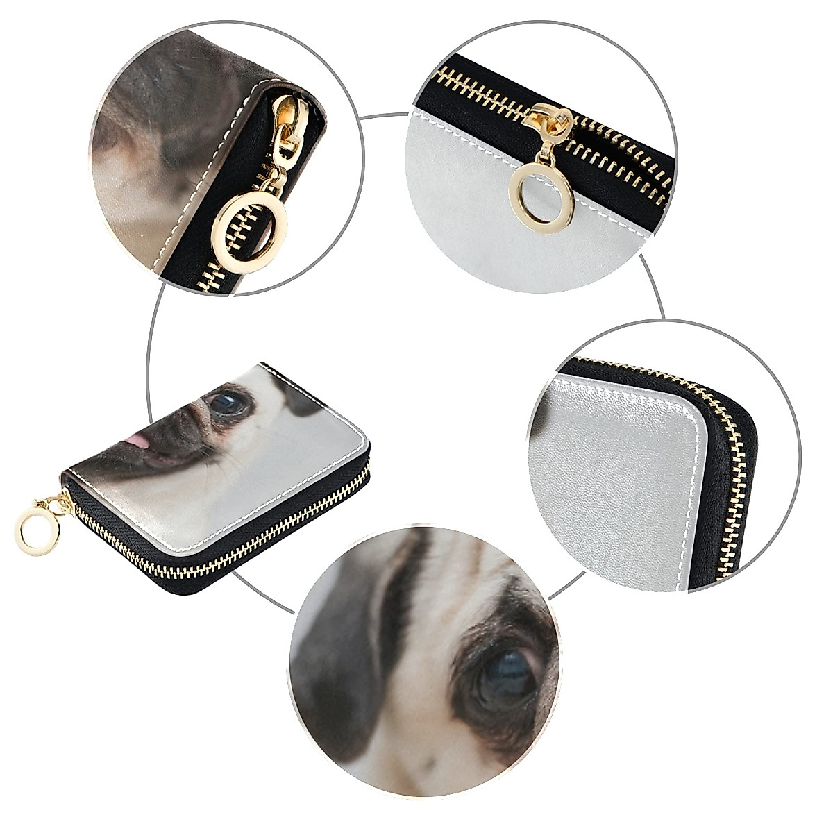 Oyihfvs Vey Cute Pug Dog Grey Credit Card Coin wallet, RFID Blocking Compact Women Leather Card Holder, Key Change Organizer, Zipper Purse Clutch Pouch Pocket, Multi 7, 4.7x3.1x0.8 Inch