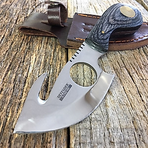 New 7" Stainless Steel Black Wood Hunting Survival Skinning Fixed Blade Knife + Leather Sheath Full Tang Gut Hook Deer