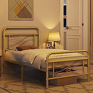 Topeakmart Twin Bed Frames Metal Bed with Vintage Style/Criss-Cross Design Headboard/Mattress Foundation/No Box Spring Needed/Under Bed Storage/Strong Slat Support Antique Gold Twin Bed