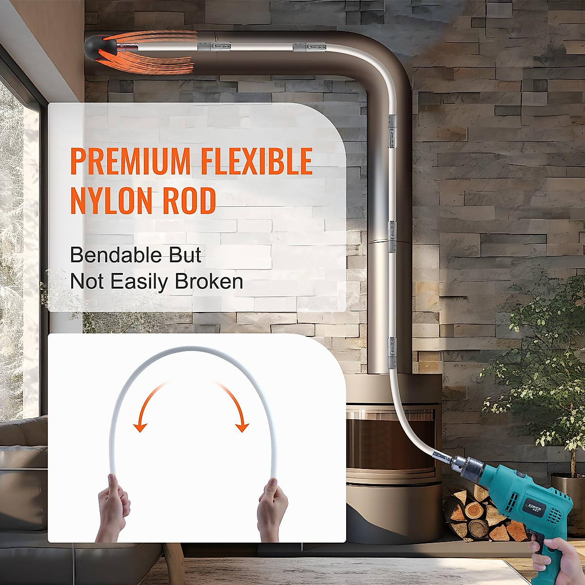 VEVOR 39 Feet Chimney Sweep Kit, w/ 12 Reinforced Nylon Flexible Rods, Ergonomic Chimney Cleaning Brush, 360-Degree Brush Chimney Cleaner, Rich Accessories for Fireplace Flue Home Use Fits Most Pipes