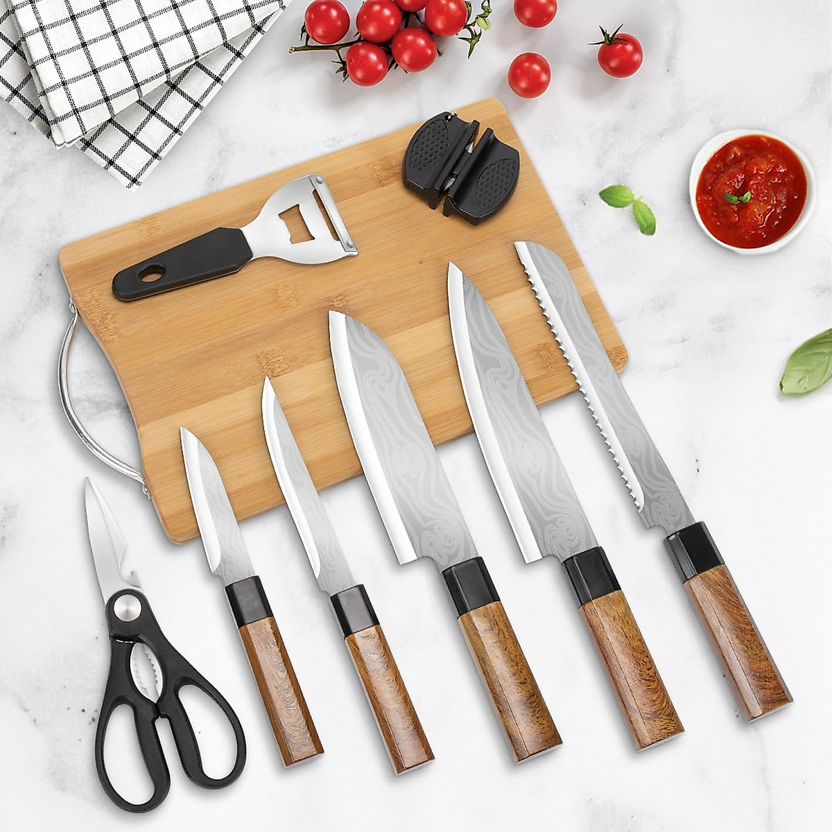 RedCall Knife Set,9 Piece Kitchen Knife Block Set,High Carbon Stainless Steel Ultra Sharp Knife Set with Block for Kitchen,Chef Knife, Bread Knife, Scissor, Sharpener with Universal Knife Block Holder
