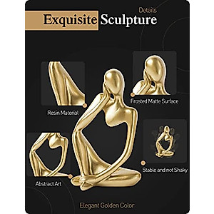 Bwytbwy Thinker Statue Gold Decor 3 Pcs, Bookshelf Decor, Gold Resin Sculpture for Book Shelf, Office, Living Room,Shelf Decoration