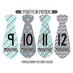 Months In Motion Monthly Baby Tie Stickers - Boy Month Milestone Necktie Sticker - Onesie Month Sticker - Infant Photo Prop for First Year - Shower Gift - Newborn Keepsakes
