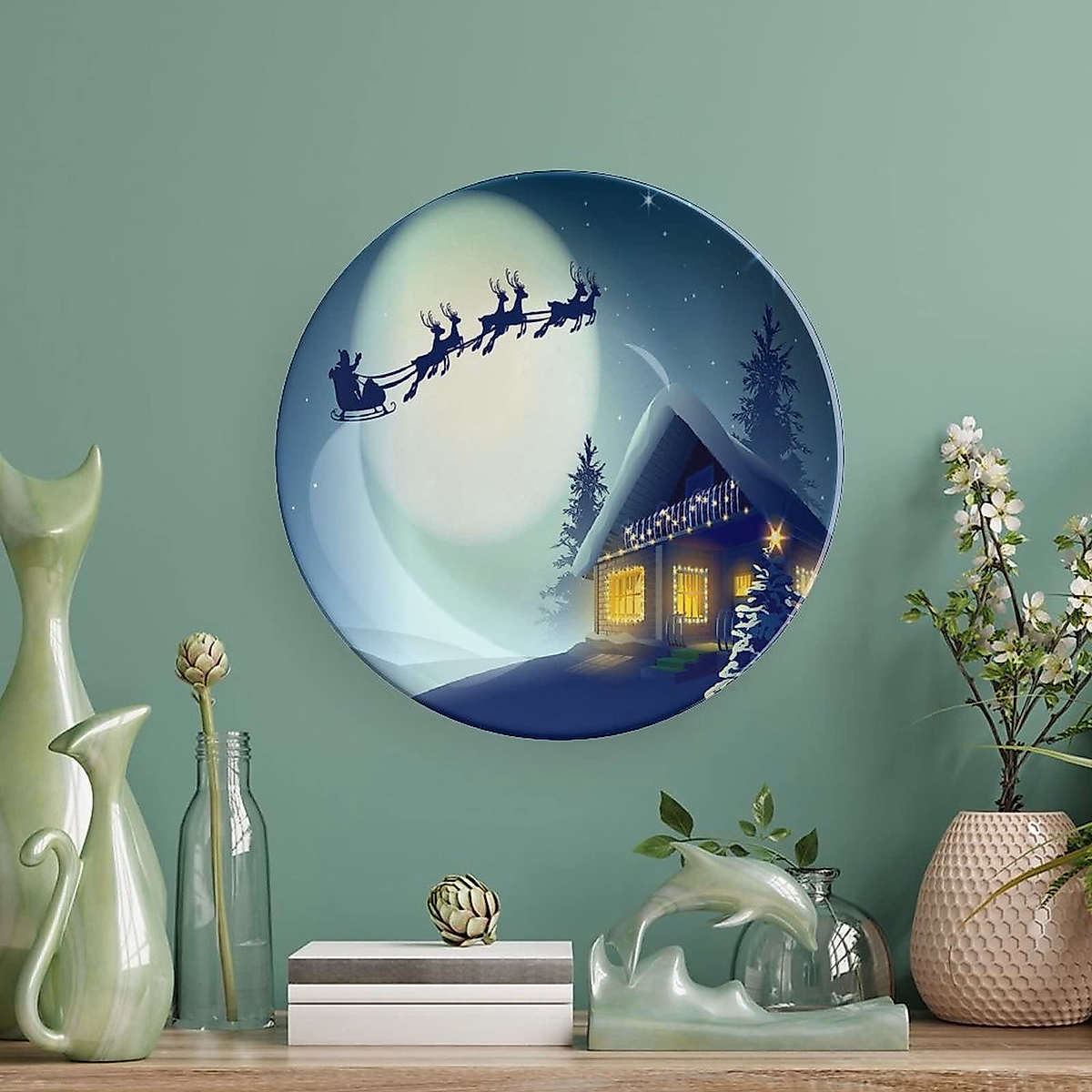 XISUNYA 8 Inch Decorative Plate, Christmas Santa Ceramic Plate, Claus and Reindeer Flying Over Christmas House Print Ceramic Wall Hanging for Home Office Party Dinner Table Decor, Multy