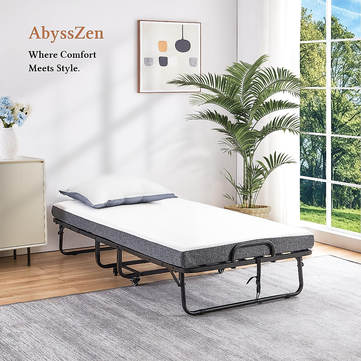 AbyssZen Twin Size Folding Bed with Mattress, 75" x 38" Rollaway Bed, Guest Bed Foldable for Adults, Portable Extra Bed with Memory Foam Mattress, Space-Saving Fold Up Bed for Easy Storage