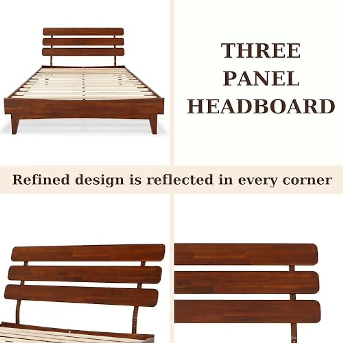 Bme Caden 15 Inch Deluxe Bed Frame with Adjustable Headboard - Mid Century, Retro Style with Acacia Wood - No Box Spring Needed - 12 Strong Wood Slat Support - Easy Assembly - Dark Chocolate, Queen