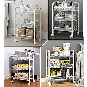 Rolling Storage Cart 3-Tier Metal Mesh Basket Shelves Kitchen Organizer with Wheels(White)