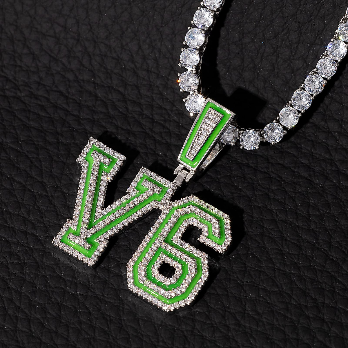 Glow in the Dark Name Necklace with Iced Out Chains, Custom Necklaces for Man And Women, Hip Hop 14k Real Gold Plated Jewelry, Personalized Luminous Initial Letter Pendant with Rope Chain/Tennis Chain (Green/Silver)