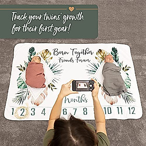 NovaaLife Twins Monthly Milestone Blanket with Boho Beads Frame & Proud Mom's Sticker - Unisex Twins Babies Essentials - 40 x 60 Large Flannel Blanket, Photography Backdrop Photo Prop for Boy & Girl