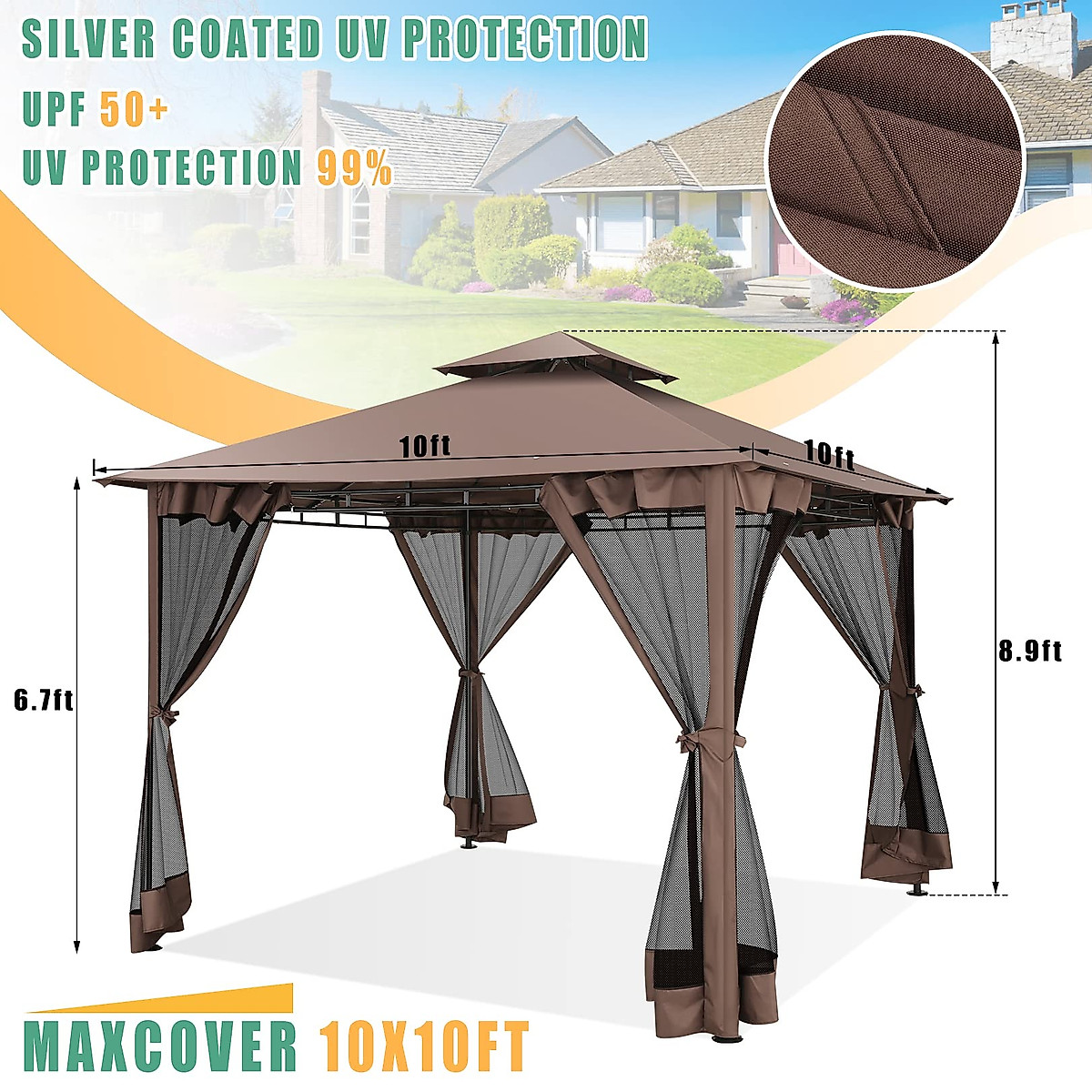 COBIZI 10x10 Gazebos on Clearance, Outdoor Gazebo with Mosquito Netting and Double Roof, Metal Gazebo with Steel Frame, Easy Set Water-Resistant Patio Gazebo for Gardens, Lawns & Backyard, Brown