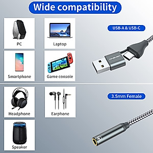 USB to 3.5mm Audio Adapter,2-in-1 USB A/USB Type C to 3.5mm Female Jack Cable Stereo Sound Card for Headphone,Mac,PC,Laptop,Desktops Samsung Galaxy S24 S23,iPhone 16/15 15 Pro Max iPad Pro MacBook