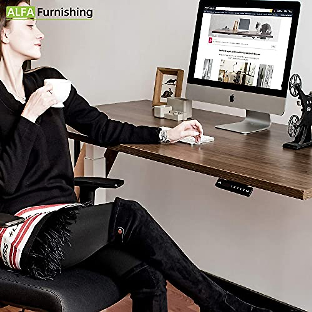 ALFA FURNISHING Quick Install Standing Desk, 48 X 30 Inches Dual Motor Electric Stand Up Desk, Adjustable Height Sit Stand Desk with Whole-Piece Desktop, 4 Pre-Set Memory(Walnut Top+White Frame)