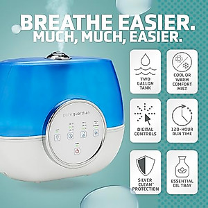 PureGuardian H4810AR Ultrasonic Warm and Cool Mist Humidifier for Bedrooms, Quiet, Filter-Free, 120 Hr, 2 Gal Treated Tank Surface Resists Mold, Pure Guardian Humidifier with Essential Oil Tray