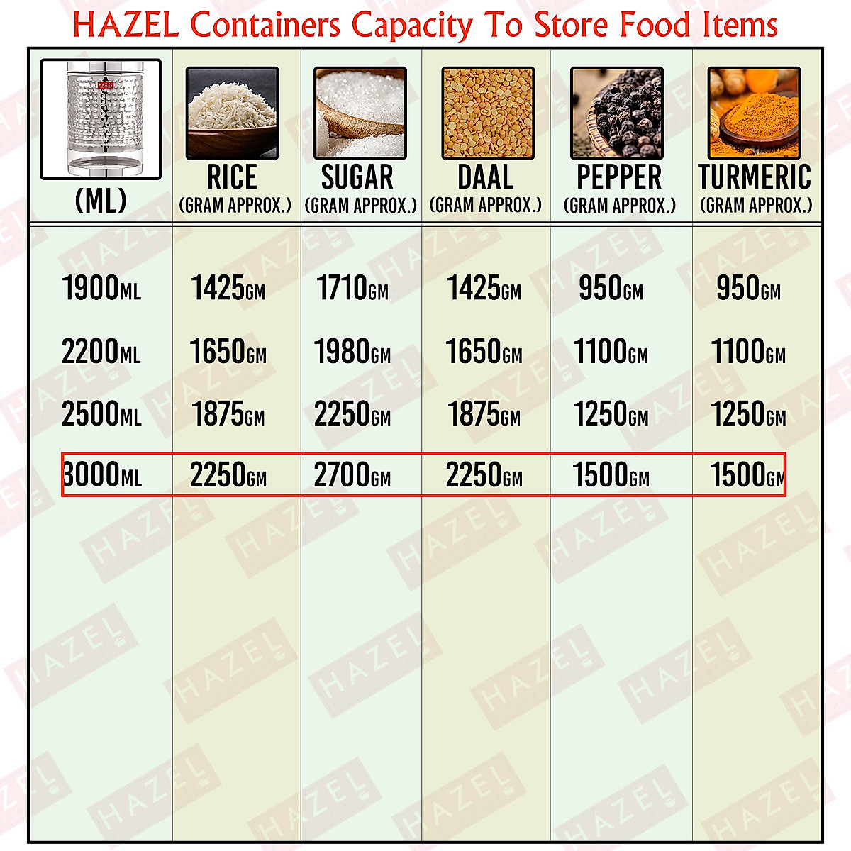 HAZEL Stainless Steel Kitchen Containers I Transparent Kitchen Container Set of 6, 3000 ml Each I Multipurpose Storage Box for kitchen containers set with Glossy Hammered Finish