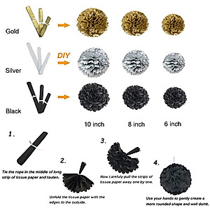 Black and Gold Party Decorations - DIY Tissue Paper Pom Poms Flowers, Tassel, Balloons, Hanging Swirl, Paper Circle Garland for Graduation and Retirement Party Decor