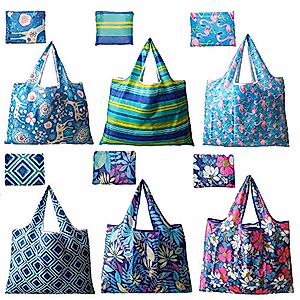 6 Pack Reusable Grocery Shopping Tote Foldable Bags with Pouch, Large Capacity, Durable, Washable, Heavy Duty Lightweight, Eco-Friendly, Waterproof, Geometry Animal Floral Design also for Travel, Gift
