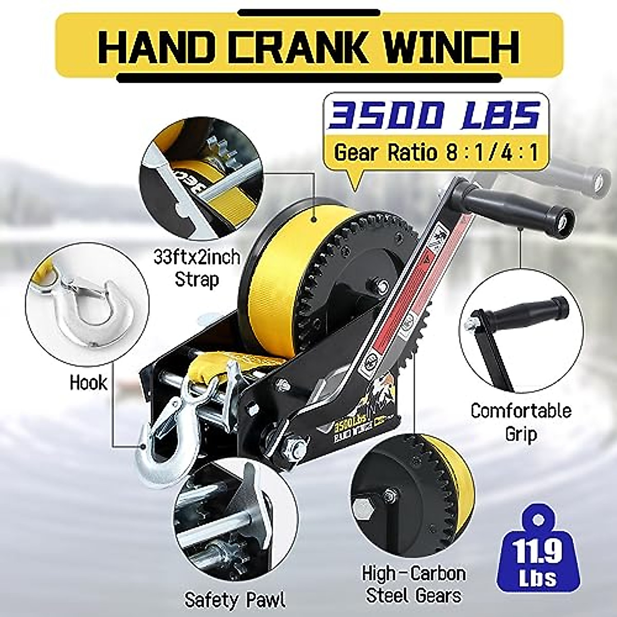 BeckTour Boat Trailer Winch, 3500Lbs Hand Winch with 33 FT Strap with Hook, 2 Way Ratchet, 4:1/8:1 Gear Ratio, Boat Winch for Trailers, Truck ATV