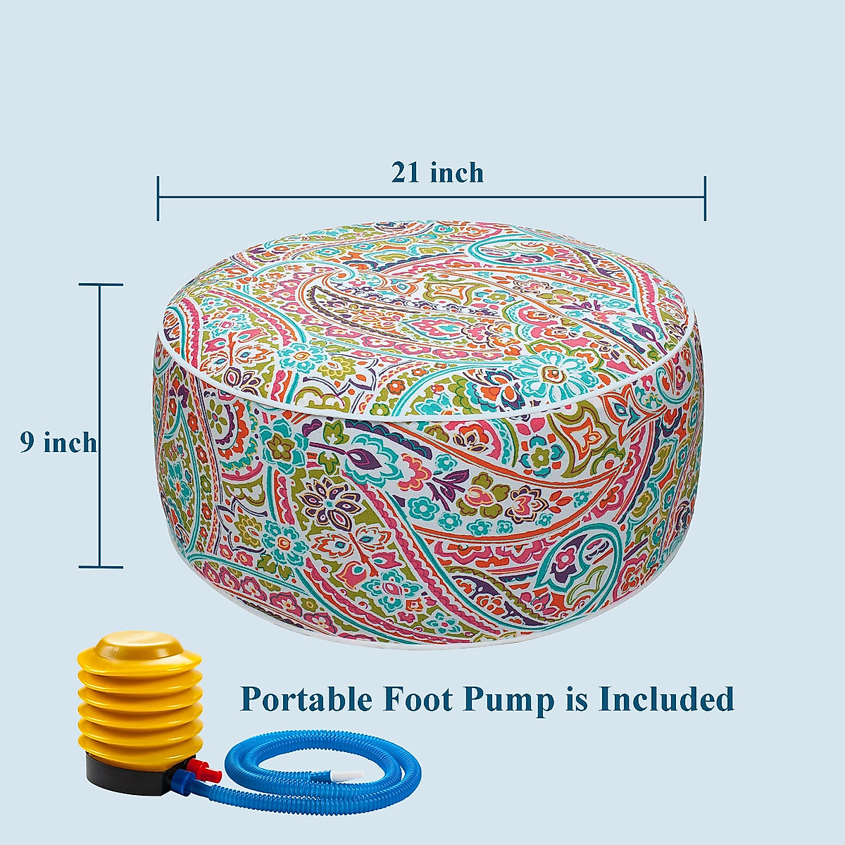 FUNHOME Inflatable Stool Ottoman Footrest with Handle, All Weather Footrest Seat with Foot Pump D20 xH9, Water Repellent Footstool Pouf for Home Patio Garden and Camping Use-Melora Paisley