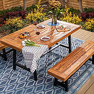 PHI VILLA Outdoor Table Bench Set of 3, 1 Wood Dining Table & 2 Wooden Benches, Premium Acacia Wood Patio Furniture Set for Porch Balcony Deck, Teak Color