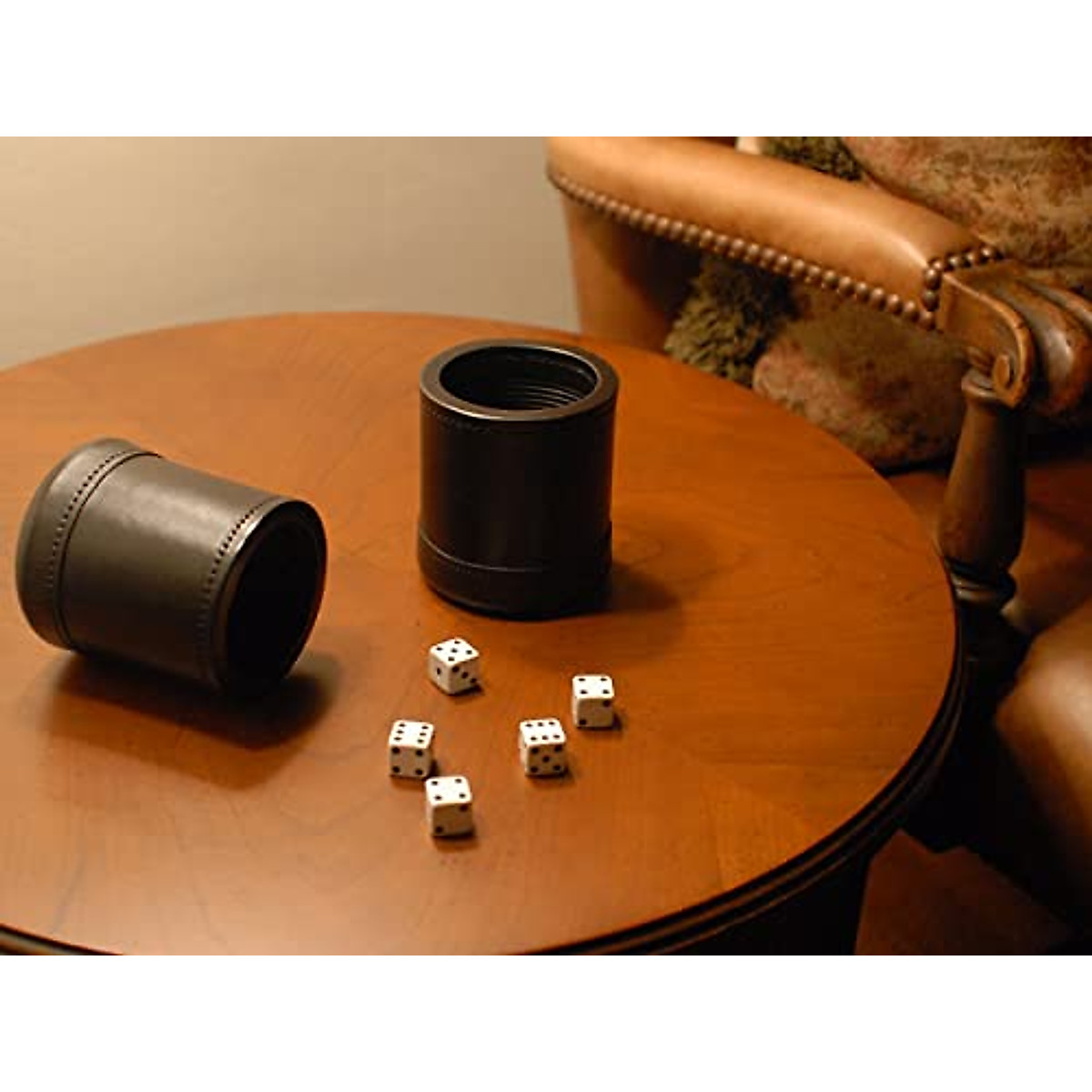 WE Games Professional Handmade Black Leather Dice Cup Set, Comes with 5 Standard Game Dice & Cloth Bag, Dice Roller for Liars Dice Farkle & Board Games, Durable Stitched Dice Cups