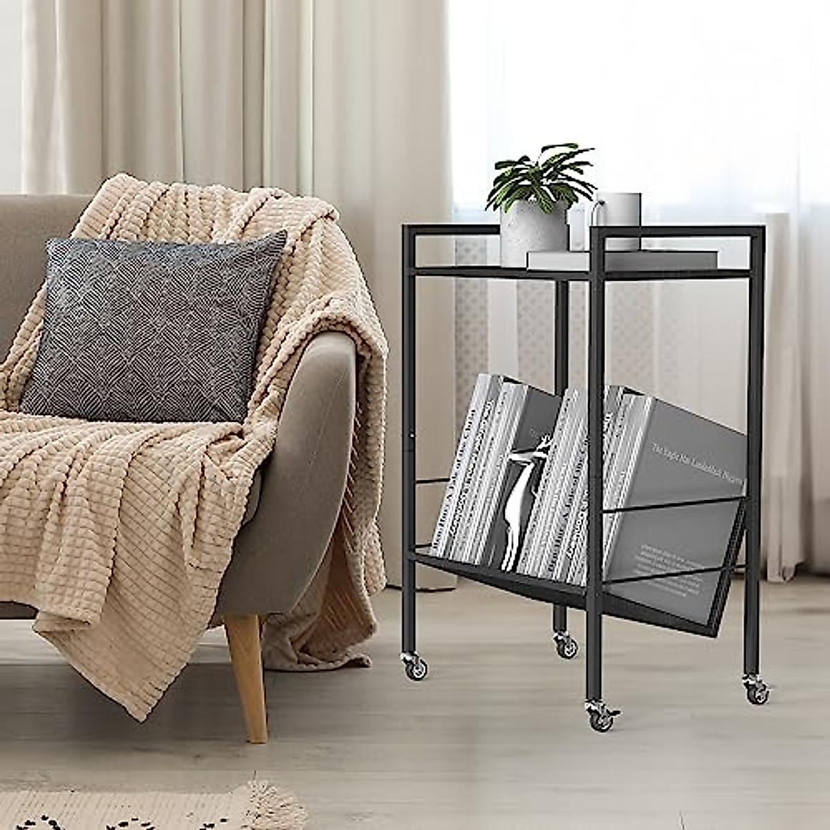 YBING Record Player Stand Black Record Player Table with Storage Up to 80 Albums Turntable Stand with Record Storage with Metal Frame and Wheels for Living Room Bedroom Office