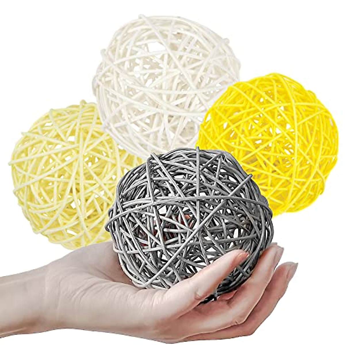 DomeStar Extra Large Rattan Balls, 4 Inches Wicker Balls Decorative Balls Natural Decorative Wicker Rattan Balls Orbs Vase Fillers Yellow, White, Grey and Lemon