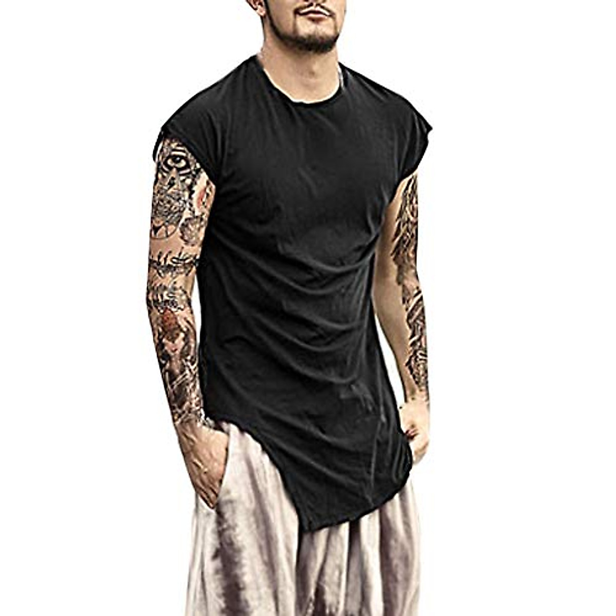 YOMXL Men Solid Color Irregular Hem Tops Athletic Sport Soft Tank Tops Casual T Shirt Tee Black