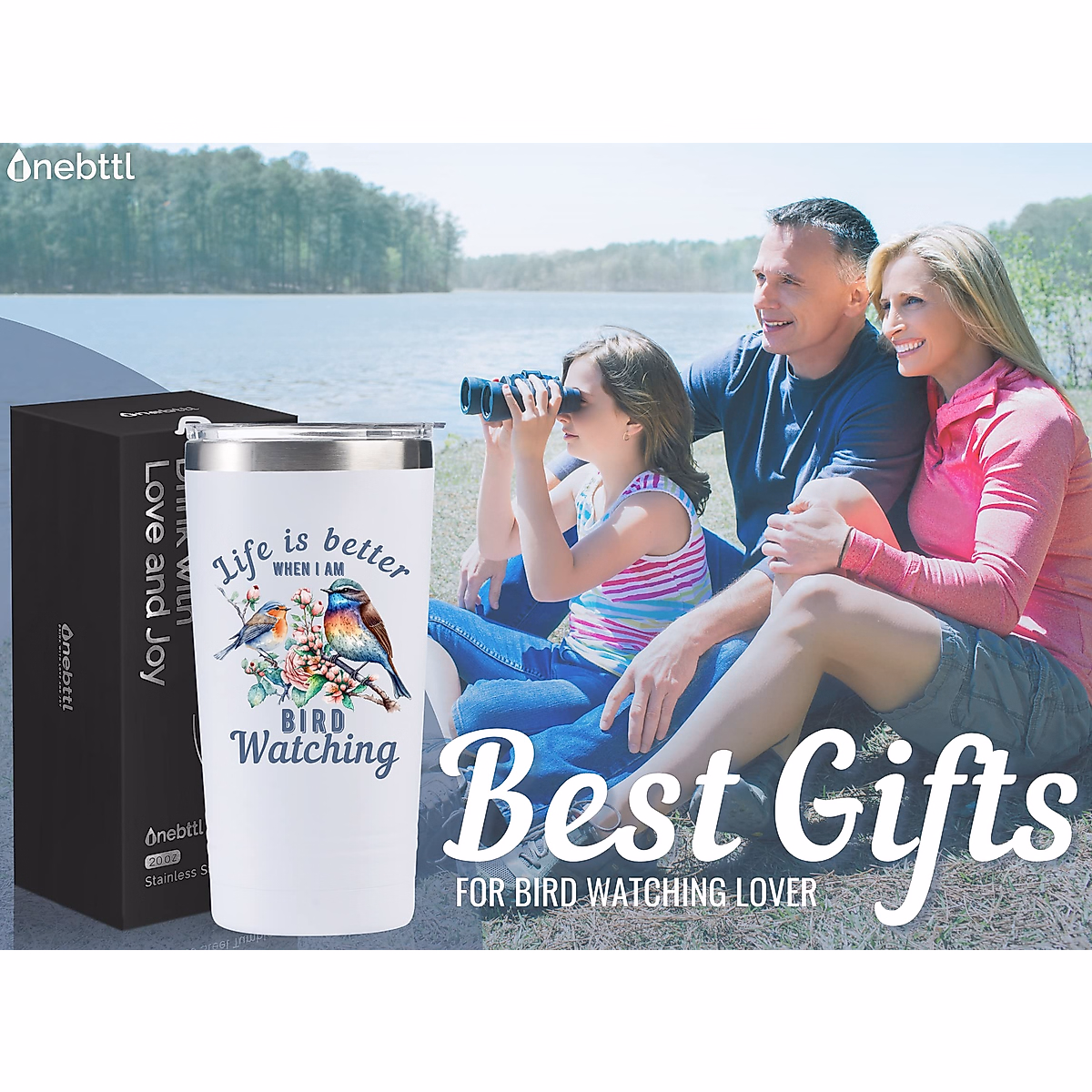 Onebttl Bird Watching Gifts, Bird Watching Tumbler for Bird Lovers & Bird Watchers, 20oz Stainless Steel Insulated Tumbler with Lid & Straw, Gift Card & Box Included, Best Gift for Birthday - White