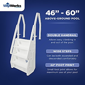 Vinyl Works Deluxe Versatile Adjustable 32 Inch in-Pool Step Ladder Entry System with Double Handrail for Above Ground Swimming Pools, White