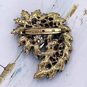 SELOVO Marquise Shape Large Flower Green Brooch Pin Jewelry Antiqued Gold Tone