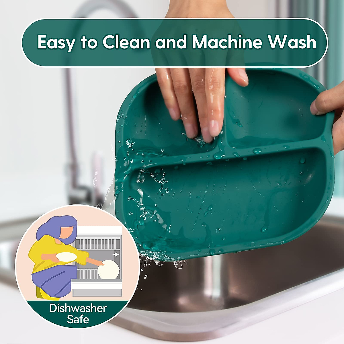 BABELIO Powerful Suction Plates for Baby and Toddler, 100% Food Grand Silicone Divided Baby Plates, BPA Free, Microwave & Dishwasher Safe, Stay Put with 4 Suction Cups, 3 Pack